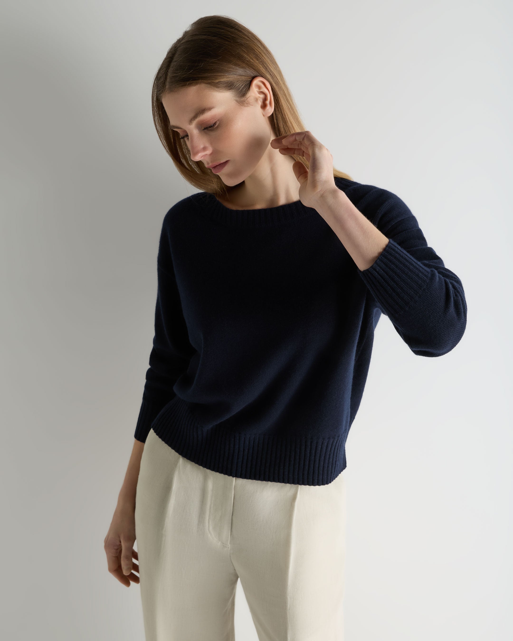 Women's Crop Boat Neck Cashmere Jumper Navy Blue | N.Peal